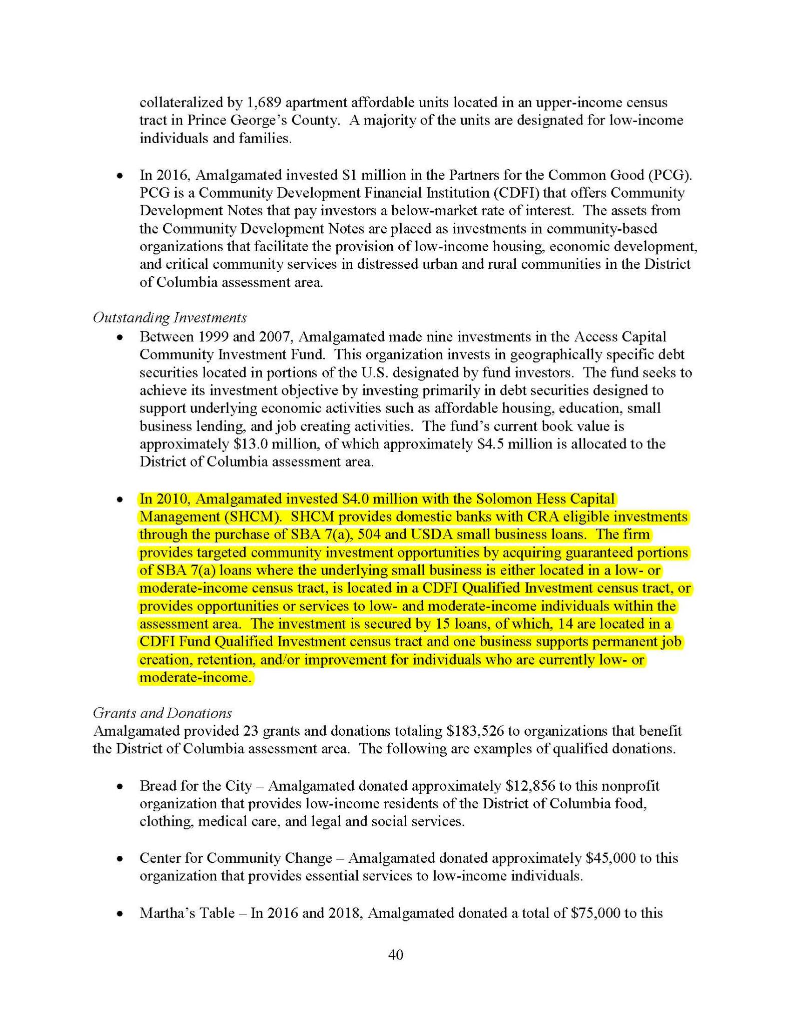 CRA Exam Excerpts | Community Development Funds | Solomon Hess